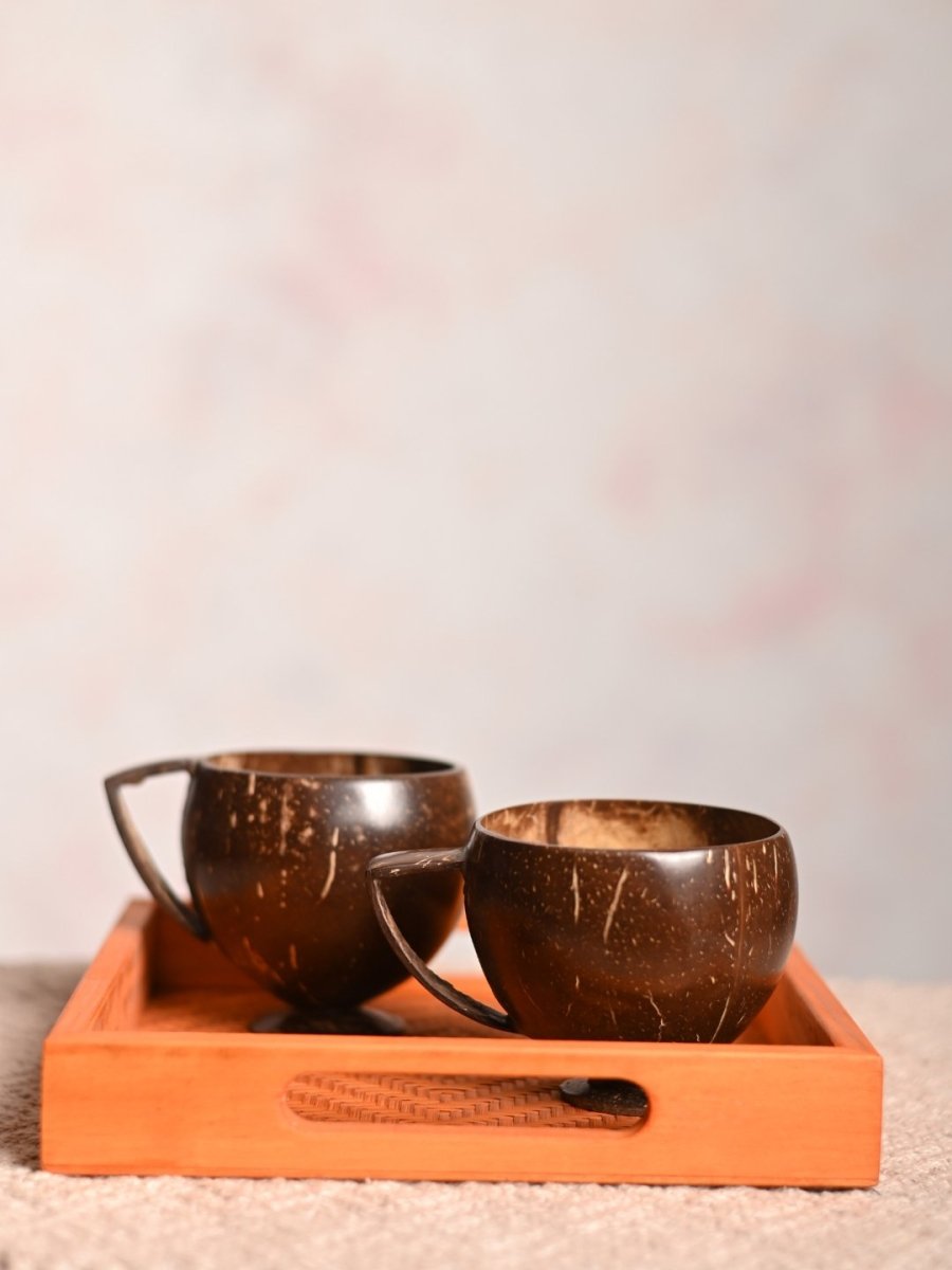 Handmade Coco Cups (Set of 2) With Square Tray