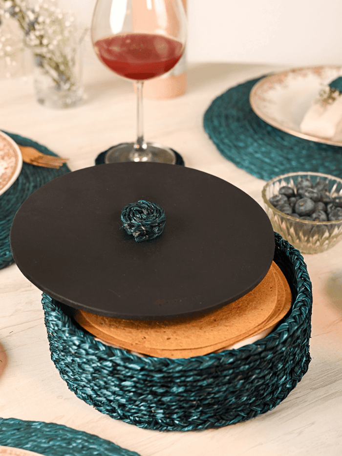 Sabai Grass Roti Box with Wooden Lid | Indigo | Chapati Keeper | Kadam
