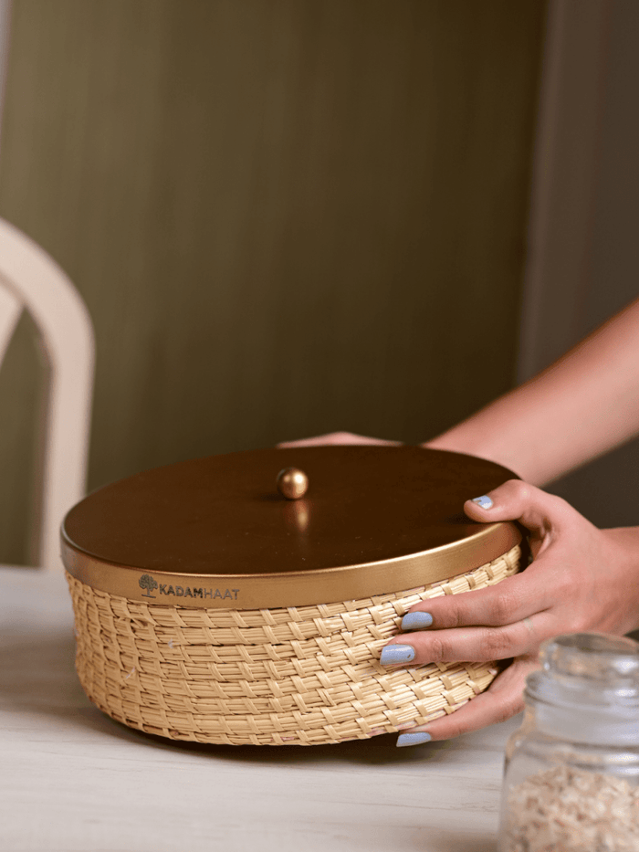 Sikki Grass Roti Box with Brass-Tone Lid | Natural | Chapati Keeper