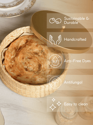 Sikki Grass Roti Box with Brass-Tone Lid | Natural | Chapati Keeper